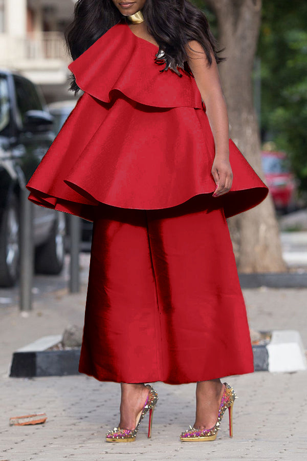 acorpstyle|Women's set|Layered Ruffle Top & Wide Leg Pants Set