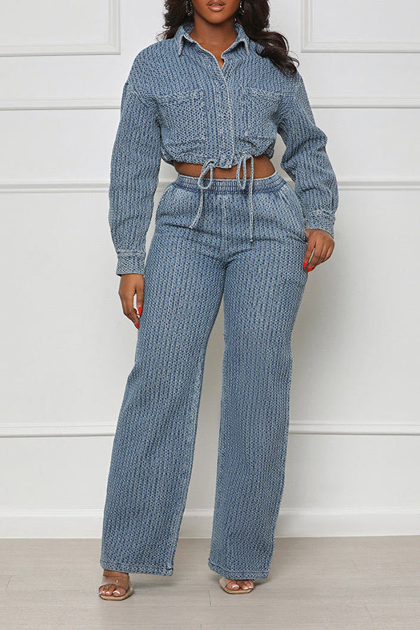 acorpstyle|Women's set|Versatile Drawstring Denim Top & Pants Set